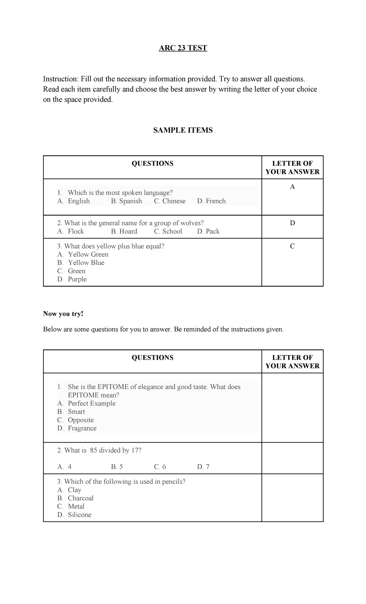 Psych Assessment -General Knowledge test - ARC 23 TEST Instruction ...