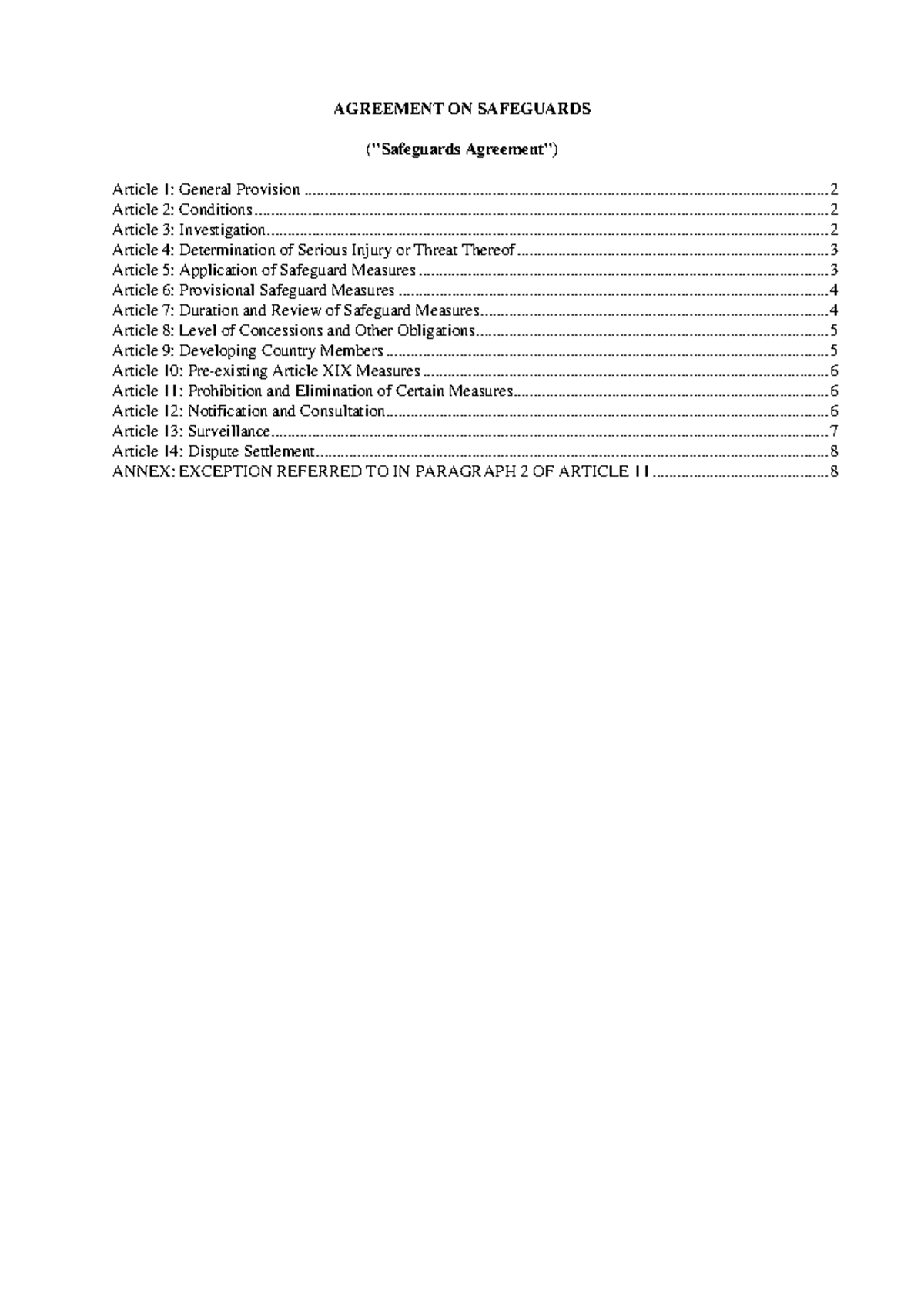 SGA - Agreement on Safeguards: Key Provisions and Articles - Studocu