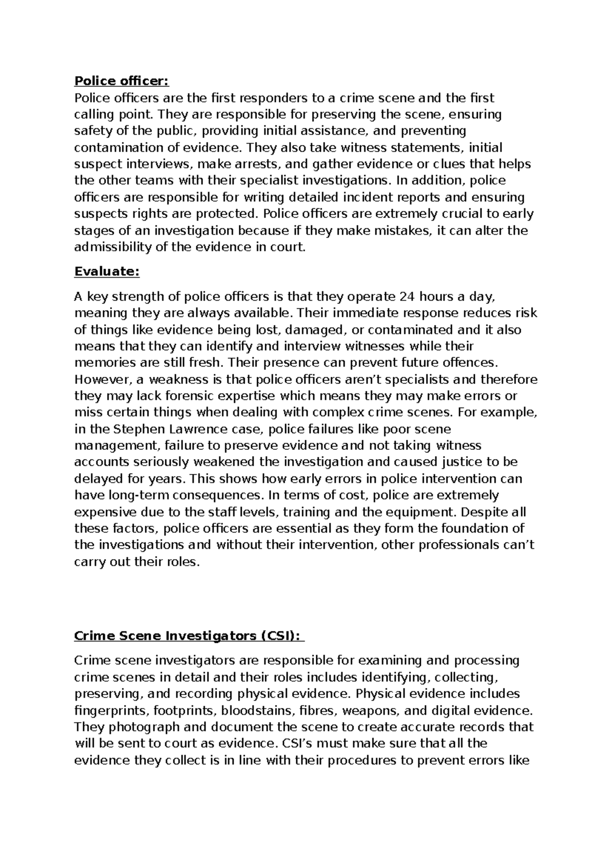 AC1.1: Roles and Responsibilities of Police Officers, CSIs, and ...