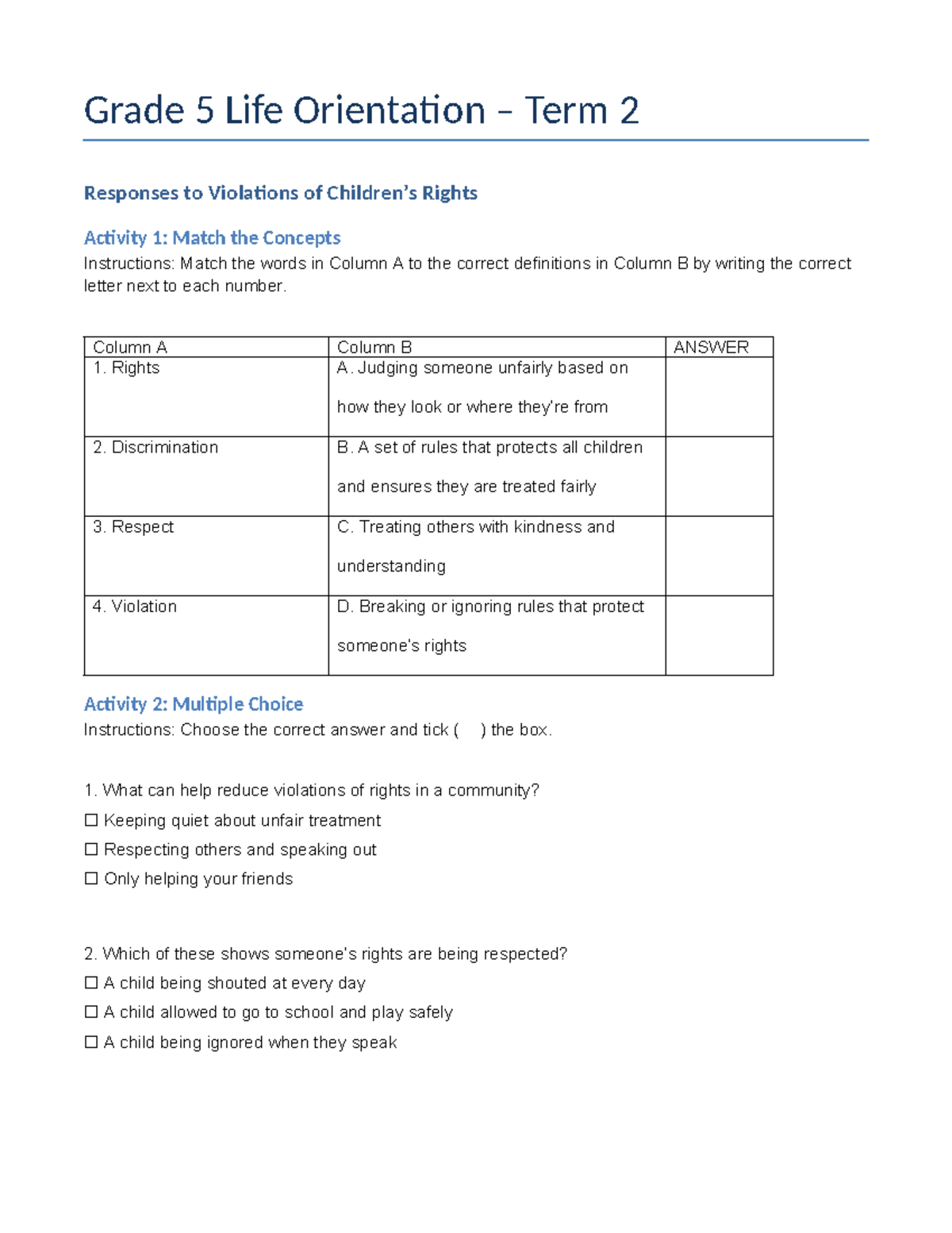 Grade 5 LO Term 2 Revision: Rights & Abuse Activities - Studocu