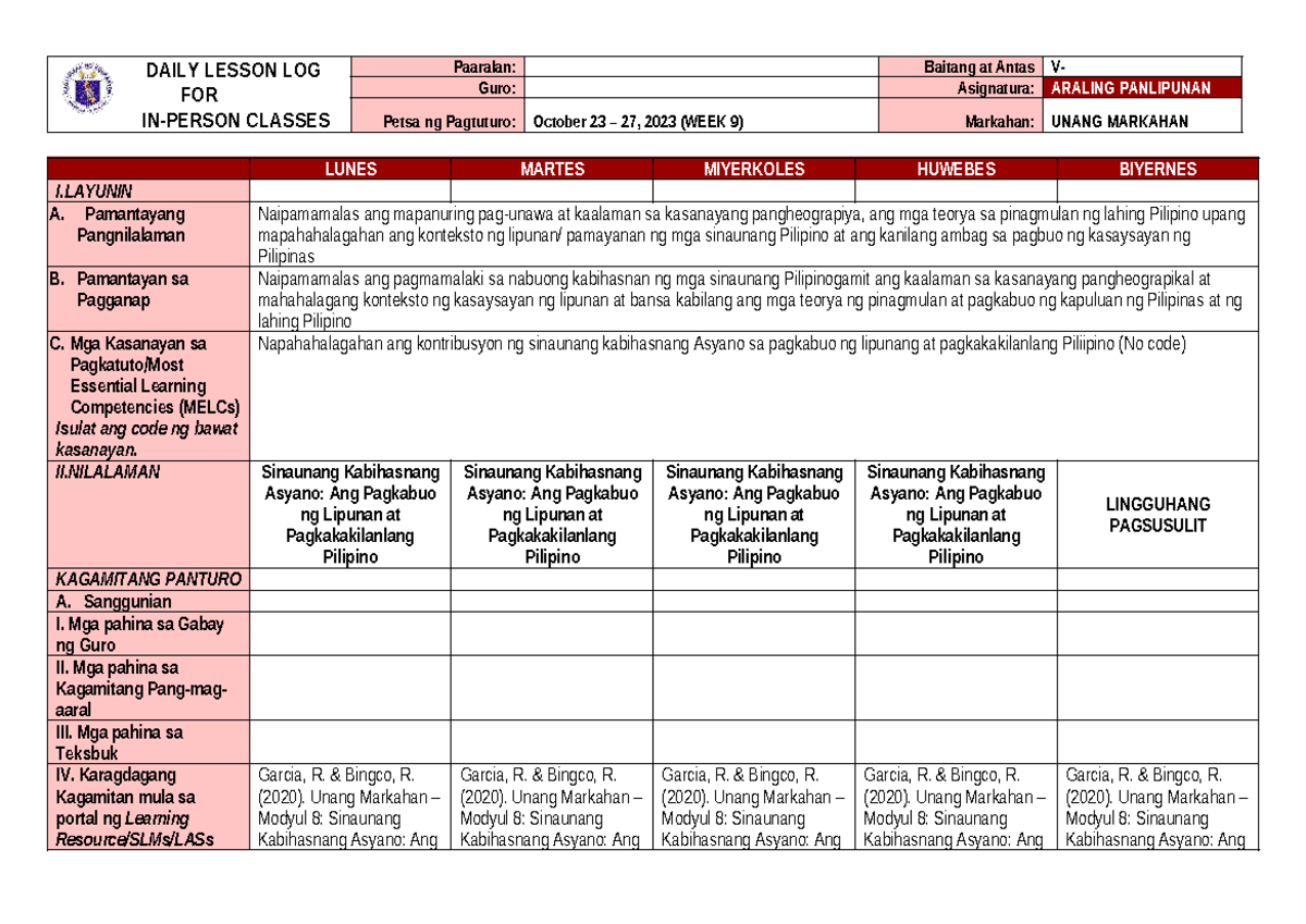 G5 Q1W19DLL AP (MELCs) - Daily Lesson Log on Ancient Asian ...