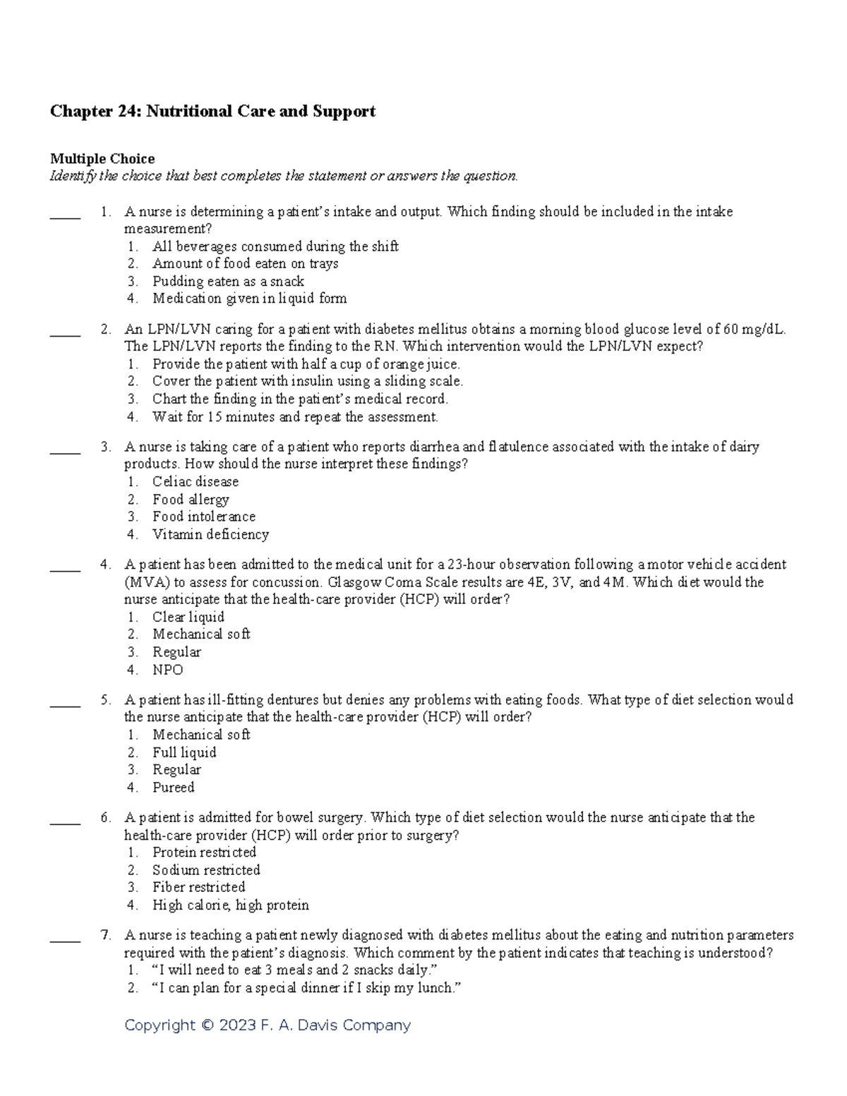 Chapter 24: Nutritional Care and Support MCQs for Nursing Students ...