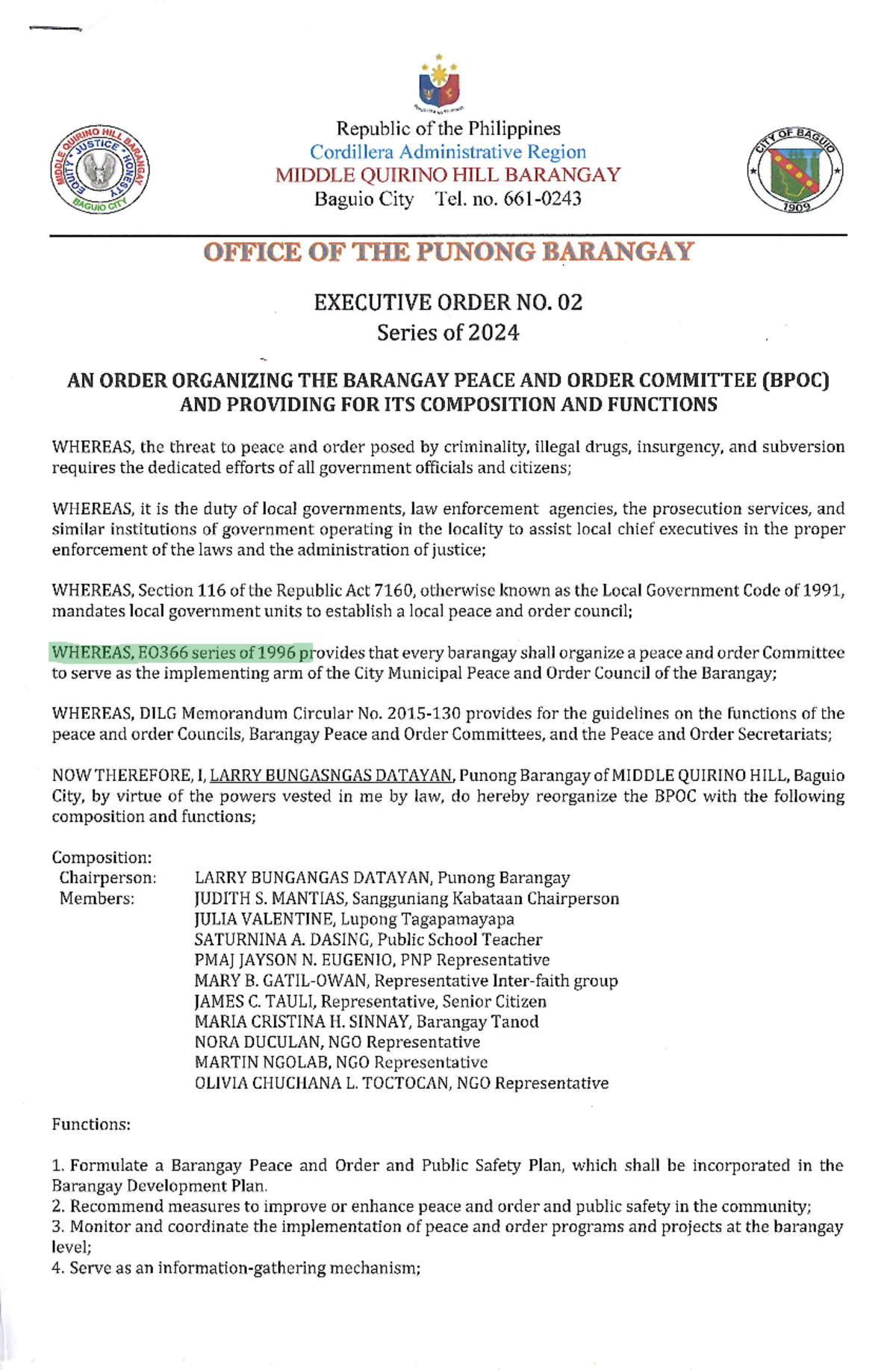 Executive Order No. 02: Organizing the Barangay Peace and Order ...