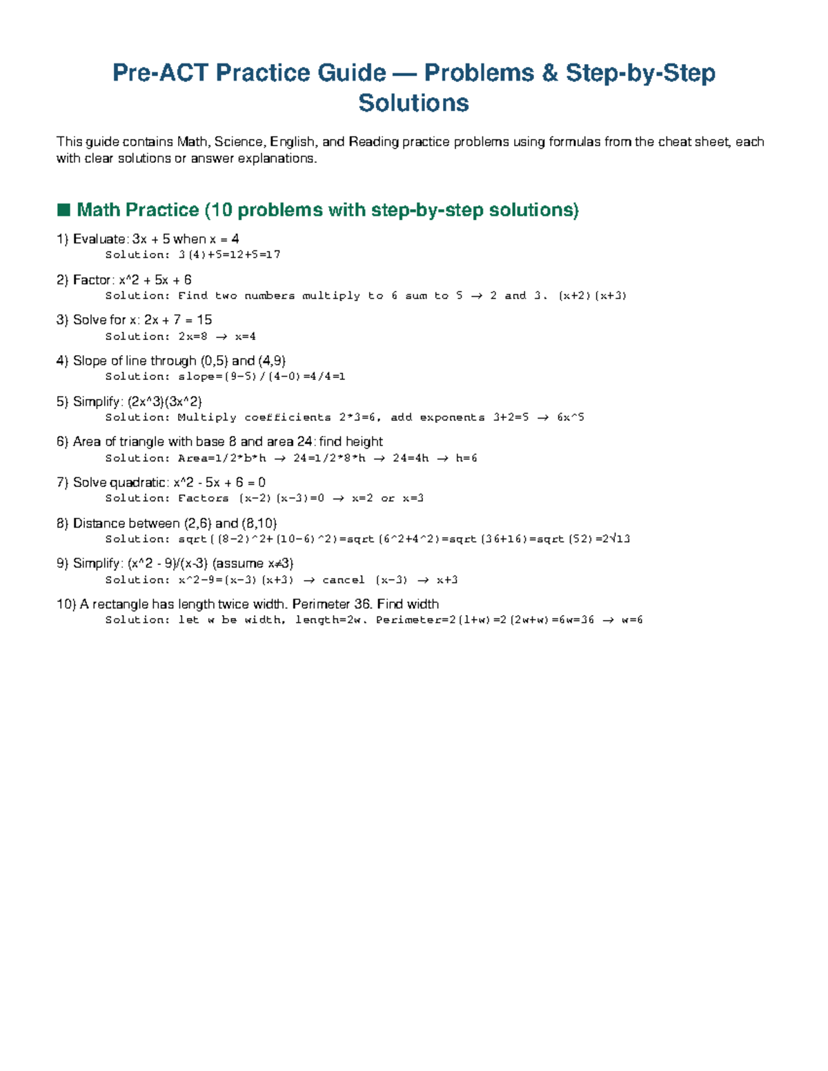 Pre-ACT Practice Guide: Math, Science, English & Reading Solutions ...