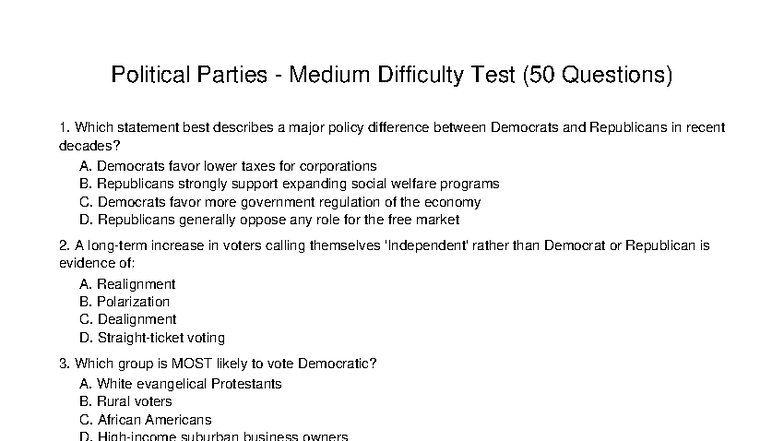 Political Parties Medium Test 50Q - Political Parties - Medium ...