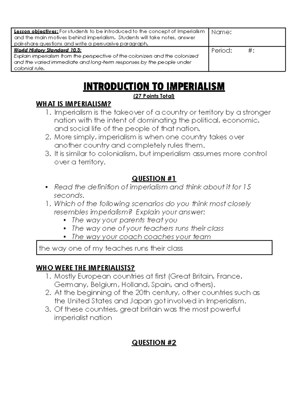 - 5.1 Introduction to Imperialism - Lesson objectives: For students to ...