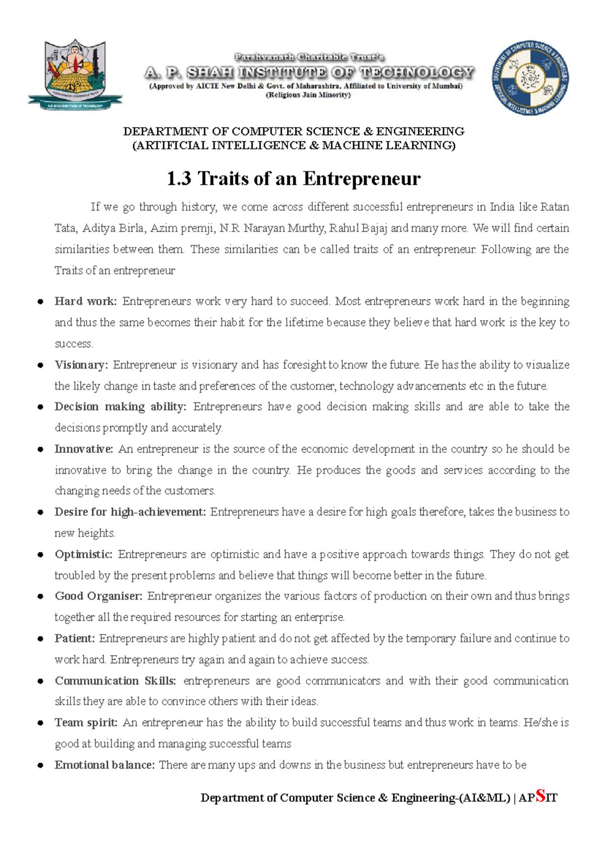 CS AI & ML: 1.3 Traits of an Entrepreneur - Studocu