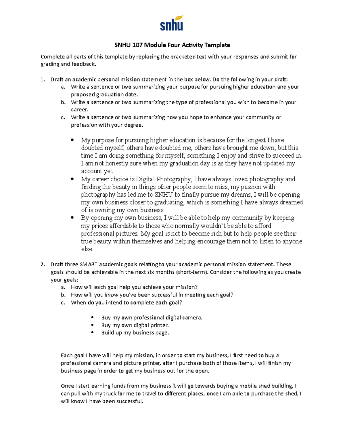 4-2 Strat assignment - SNHU 107 Module Four Activity Template Complete ...
