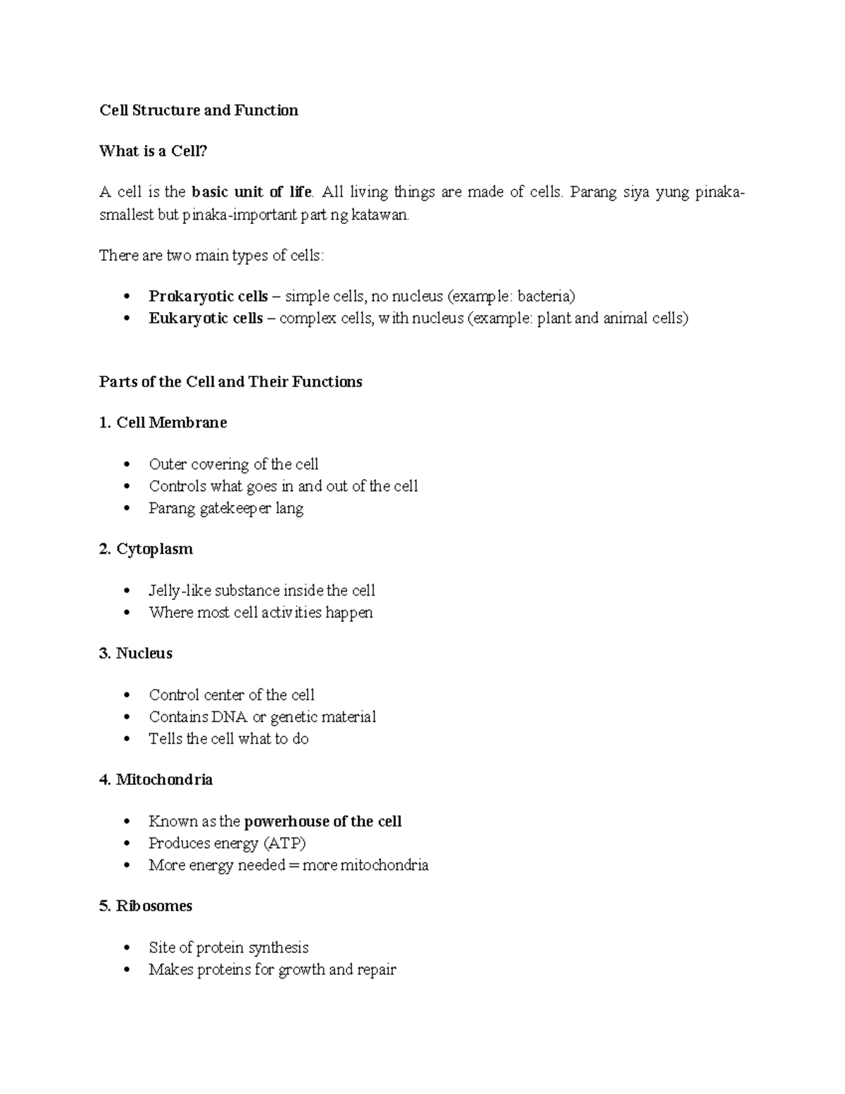 Cell Structure and Function: Understanding Cell Types and Parts - Studocu
