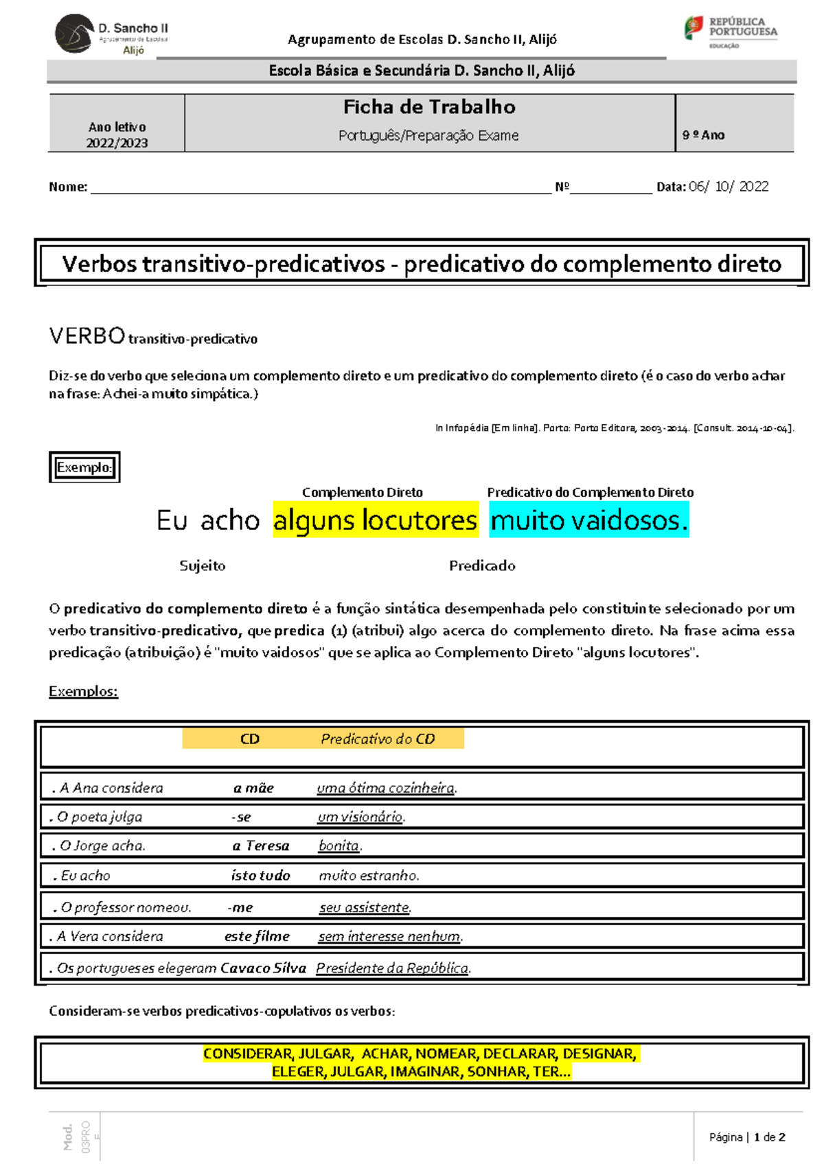 Exame 9º Ano: Predicativo do Complemento Direto - Ficha de Trabalho - Studocu