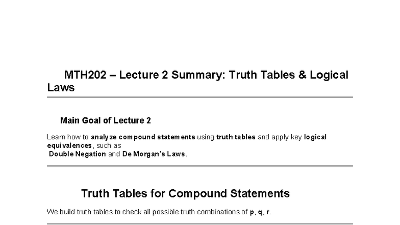 MTH202 Lecture 2 Summary: Truth Tables & Logical Laws - Studocu