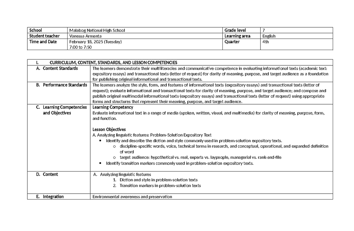 1LP-Quarter 4 Lesson 1: Analyzing expository texts and deforestation ...