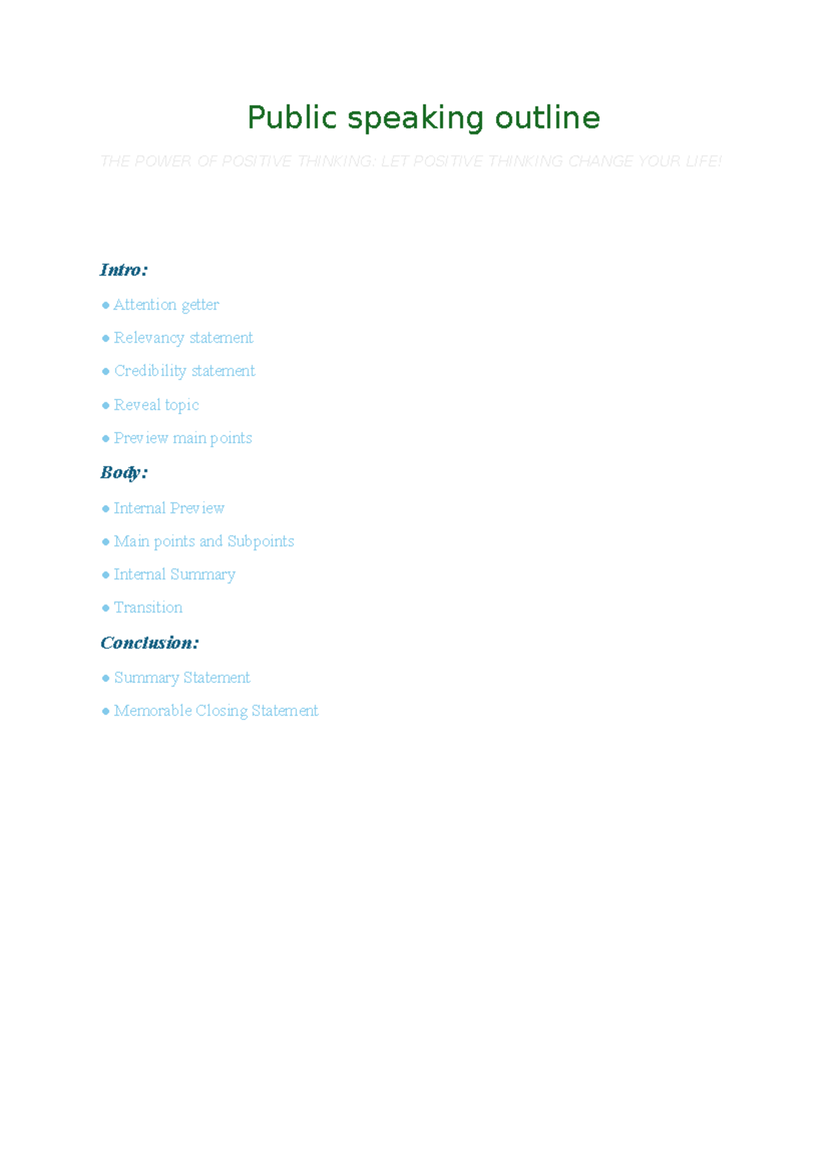 Engels Public Speaking Outline: The Power of Positive Thinking ...