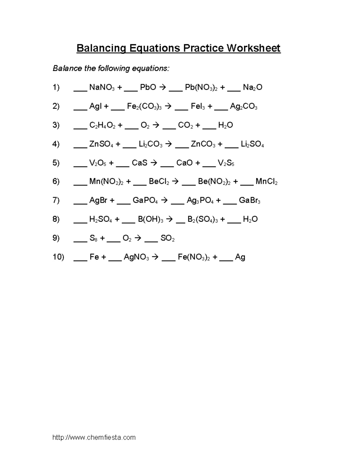 CHEM 101 - Balancing Equations Practice Worksheet 1 - Studocu