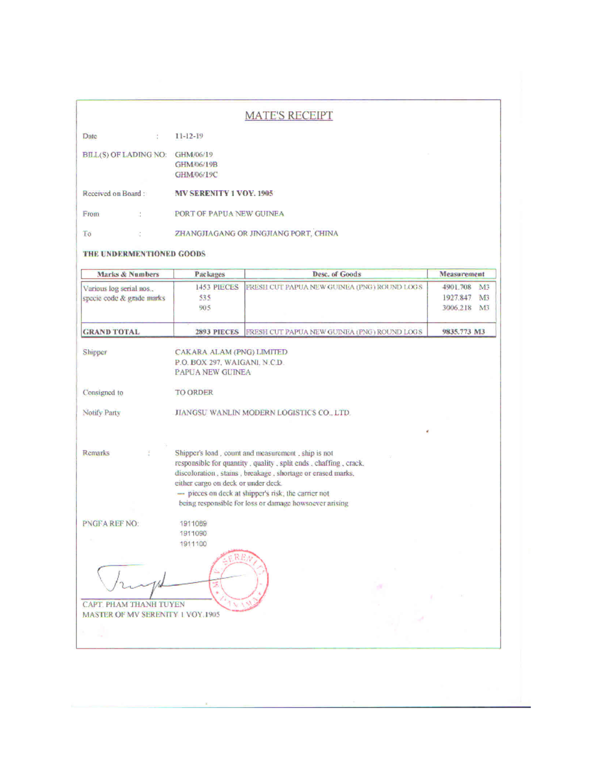 Bản mate's receipt 3 - môn Logistics - Date MATE'S RECEIPT 11-12- BILL ...