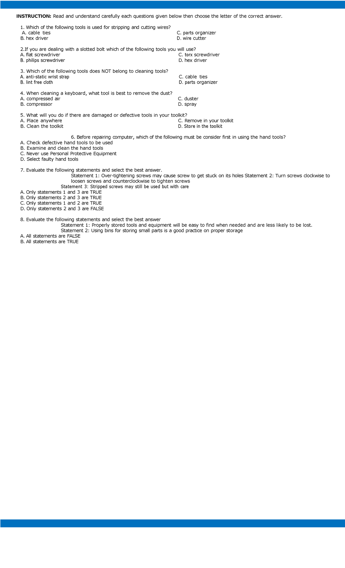 Pretest ICT Grade 7 1st Quarter: Tools and Equipment Knowledge - Studocu