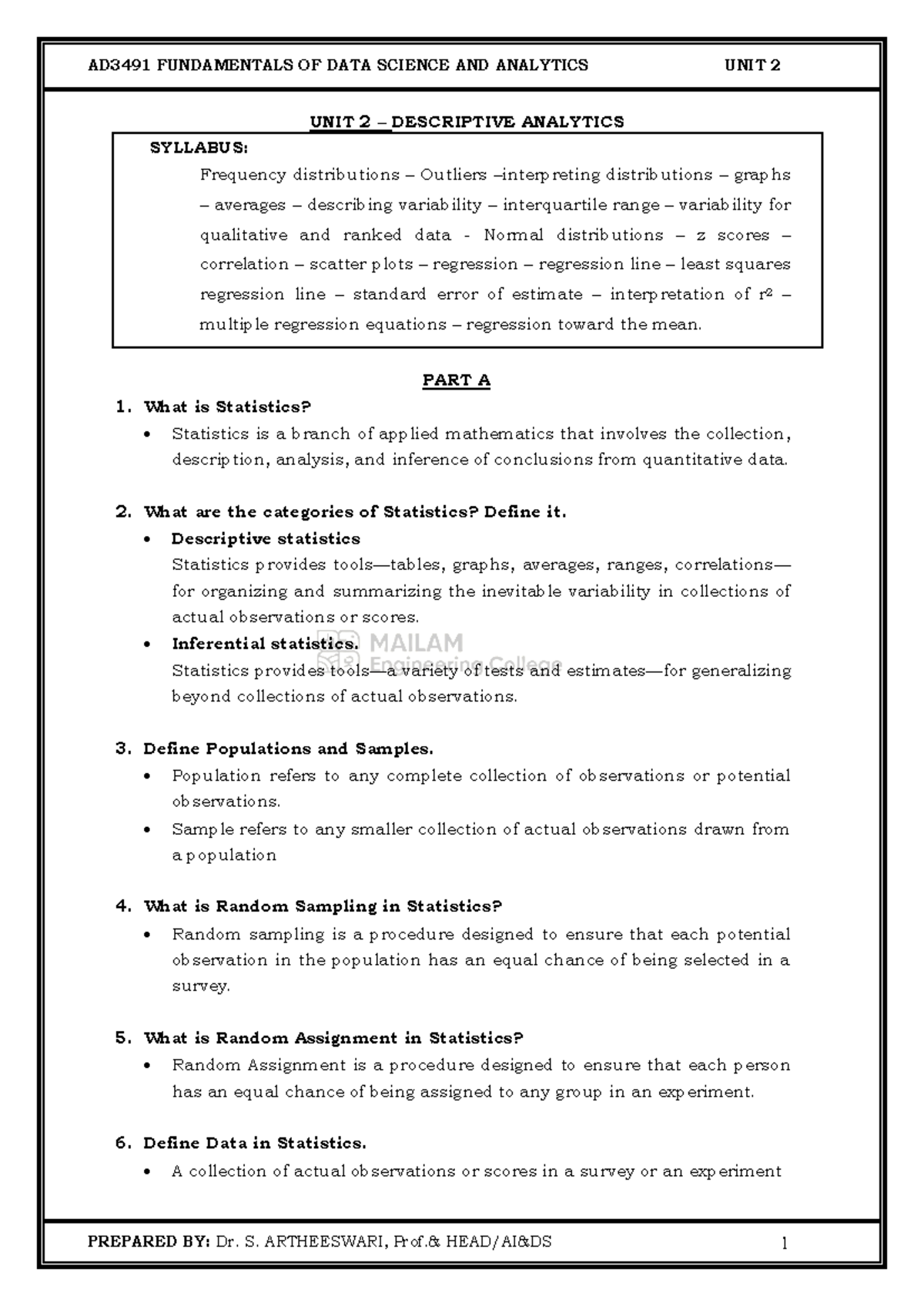 FDSA Unit 2 - Understanding Descriptive Analytics and Its Applications - Studocu