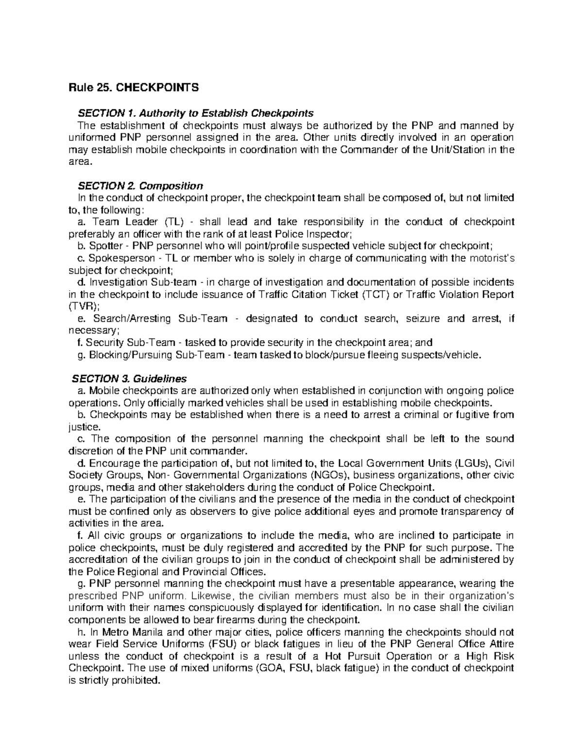 PNP 2013 66434 Guidelines & Procedures for Checkpoint Operations - Studocu