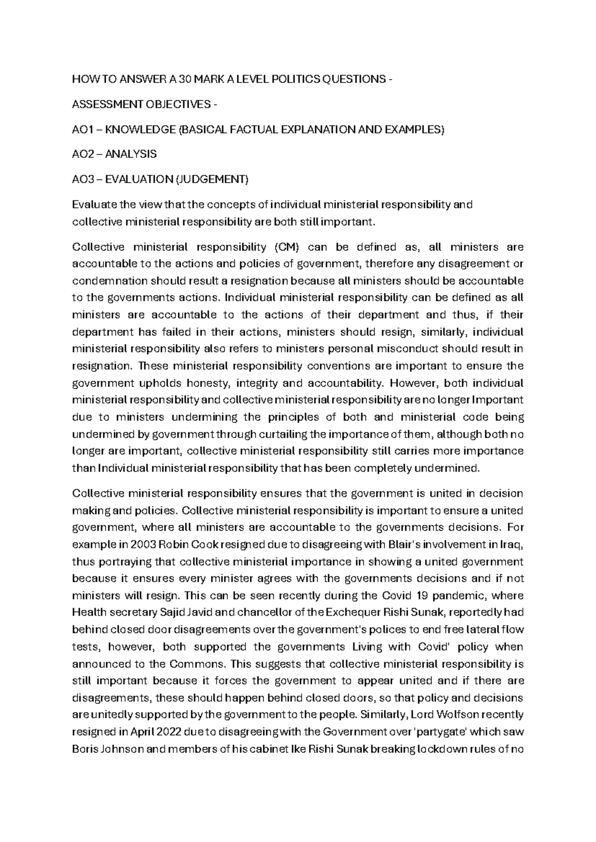 A Level Politics 30 Mark Essay: Ministerial Responsibility Evaluation ...