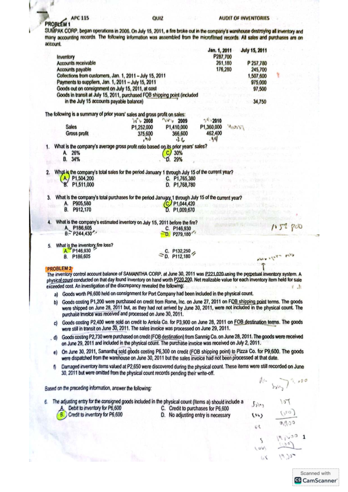 APC 115 QUIZ: AUDIT OF INVENTORIES - SUMPAK CORP. & SAMANTHA CORP ...