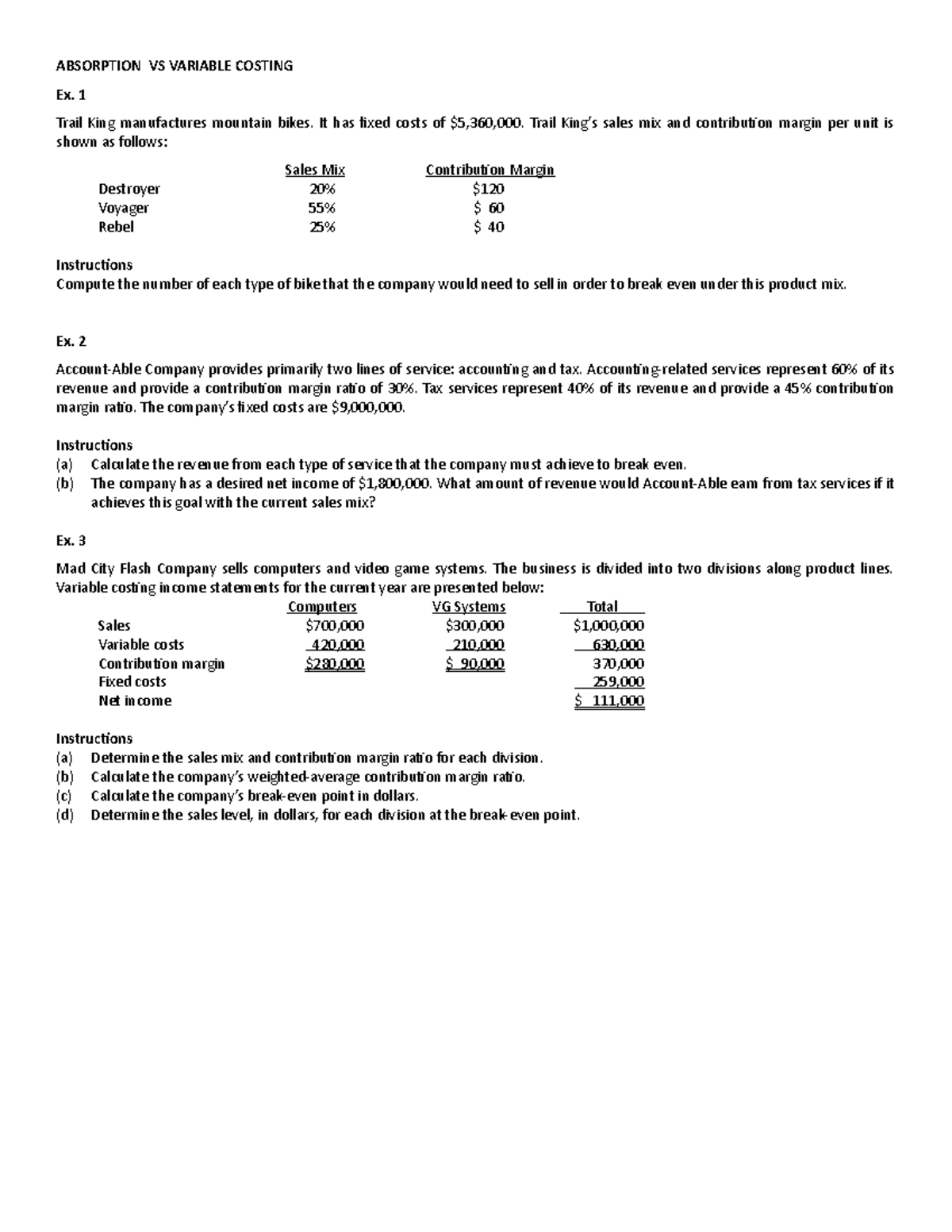 Absorption vs Variable Costing Exercises - Comprehensive Study Guide - Studocu