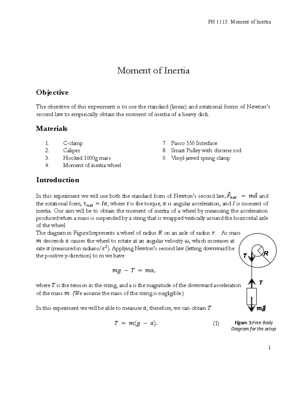 Moment Of Inertia - Lab 11 - PH 1113: Moment of Inertia 1 Moment of ...