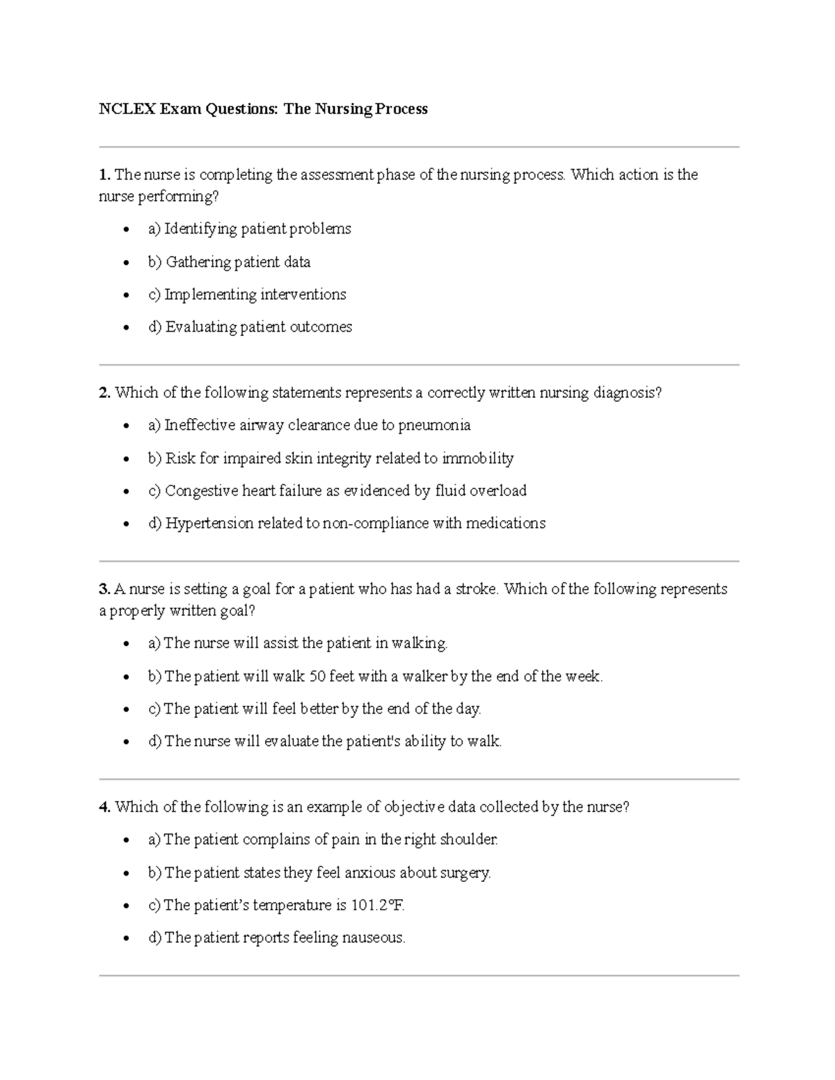 Exam 2 NCLEX Study Guide: Questions on Nursing Process and ...