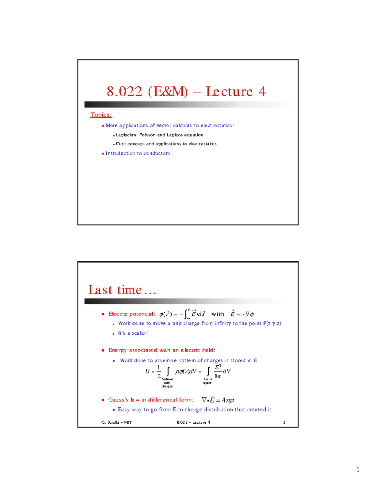 8.022 Lecture 4: Vector Calculus Applications in Electrostatics - Studocu