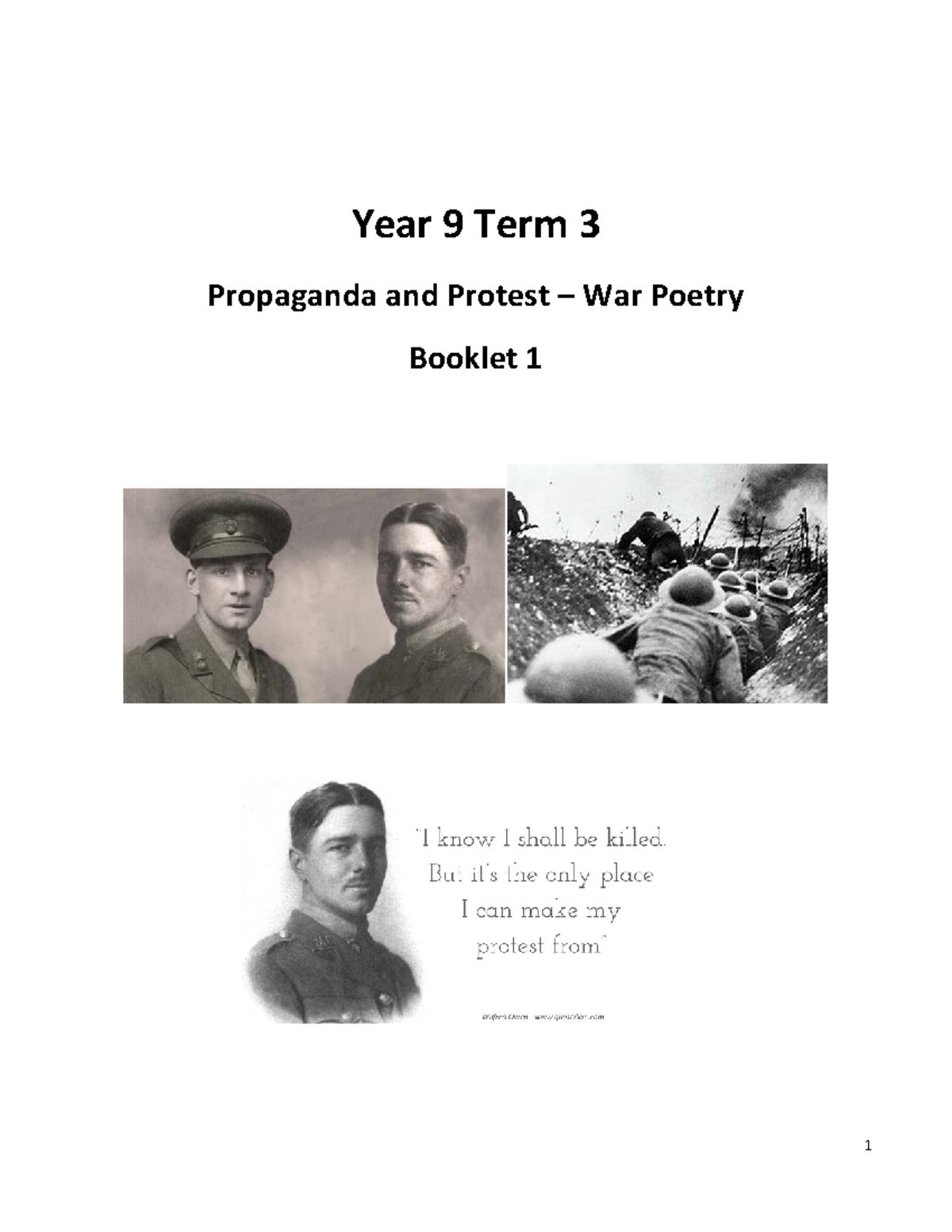 Year 9 Term 3 WWI Propaganda & Protest Poetry Booklet 1 - Studocu