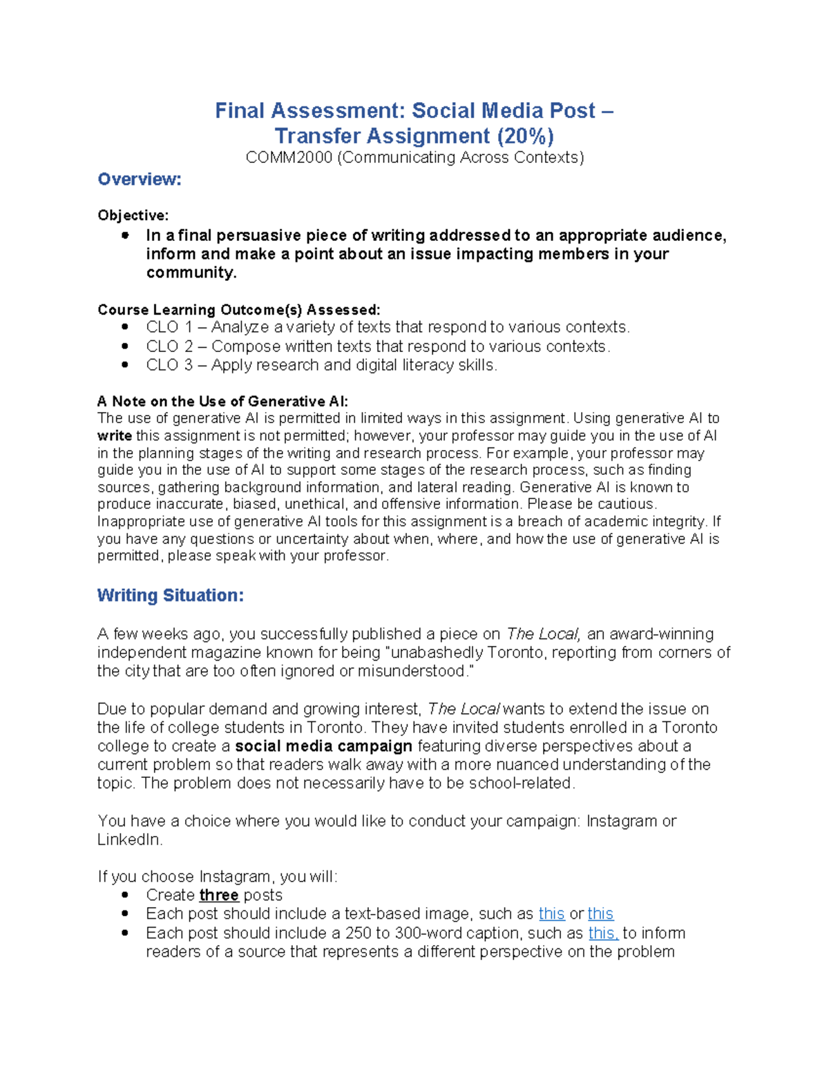 Social Media Post Assignment Instructions - Final Assessment: Social ...