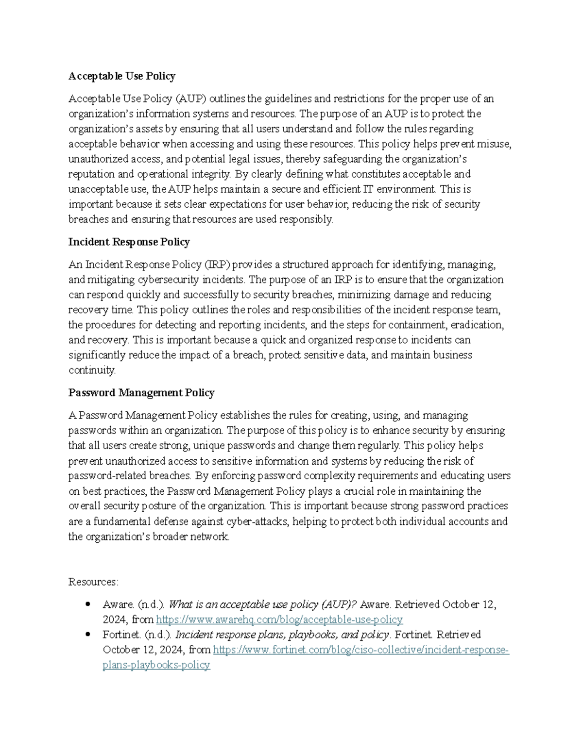 CYB 250 6-2 Journal: Acceptable Use, Incident Response, & Password ...