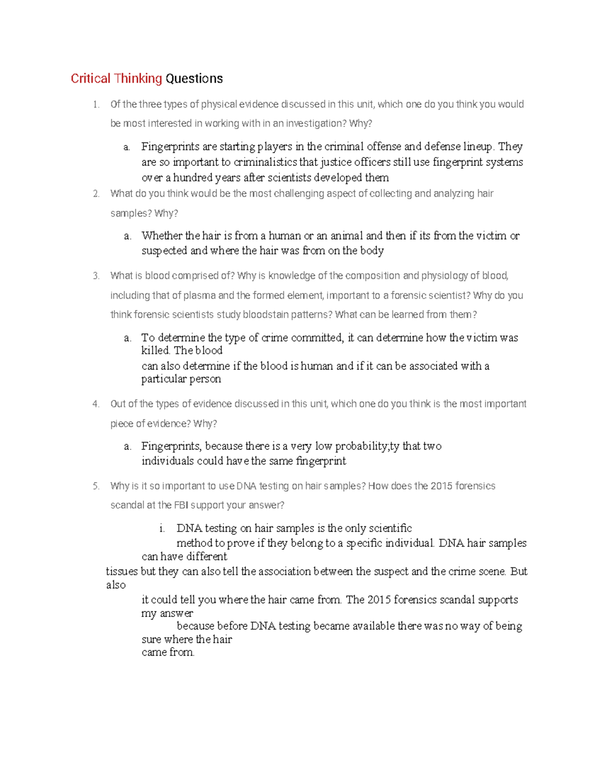 Critical Thinking Questions for Unit 4: Forensic Evidence Analysis ...