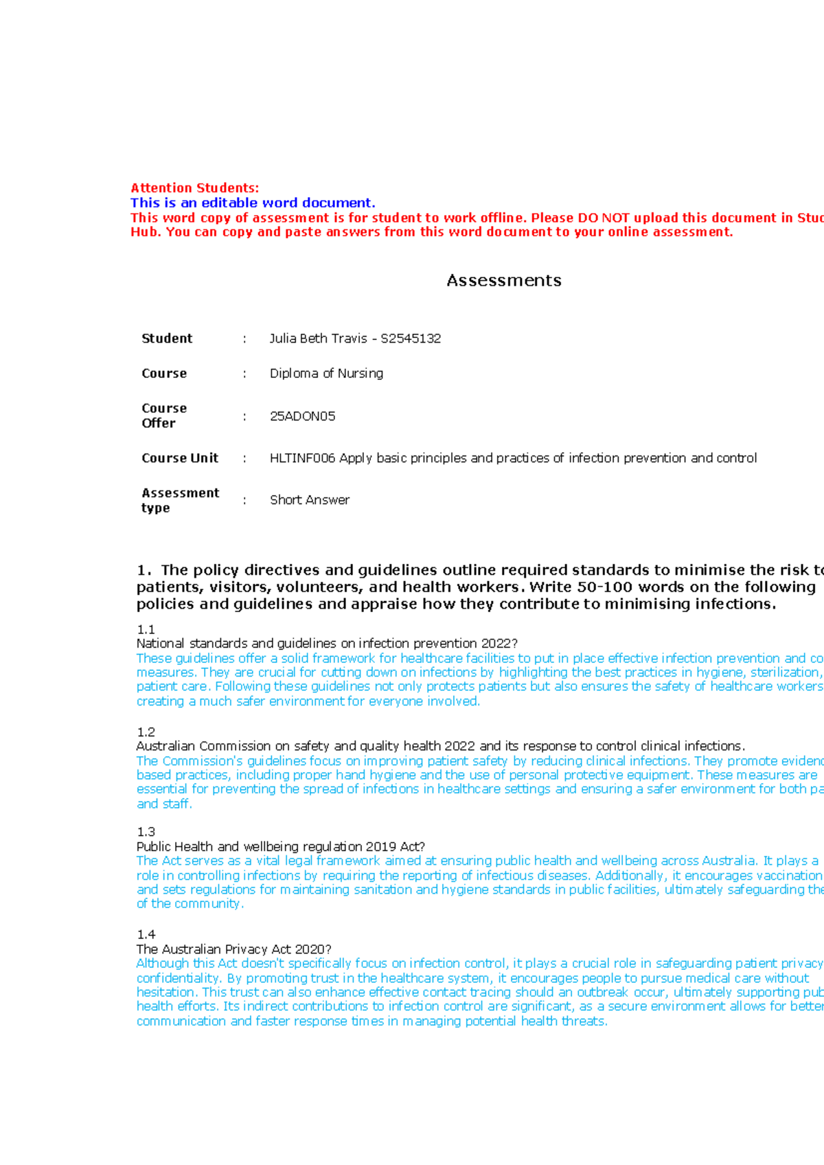 HLTINF006 Short Answer Assessment: Infection Prevention & Control - Studocu
