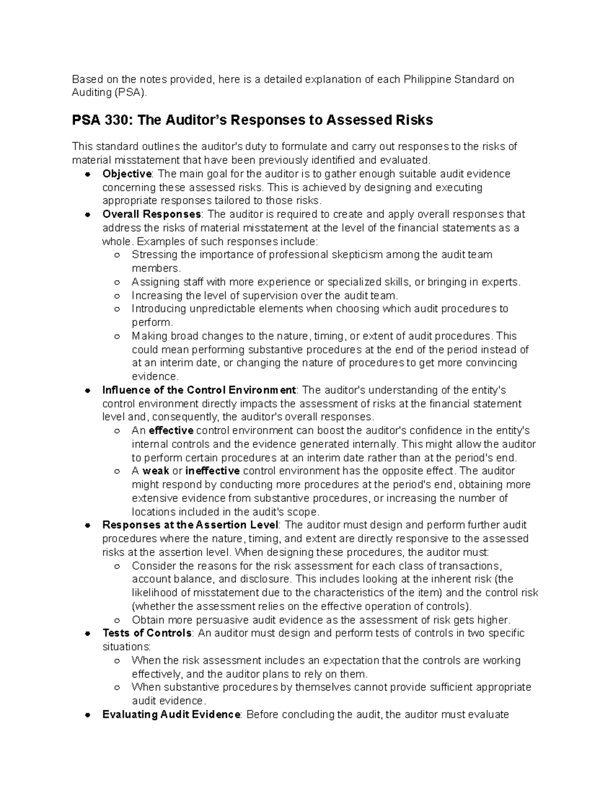 PSA Standards Explained: Detailed Notes on PSA 330, 500, and 530 - Studocu