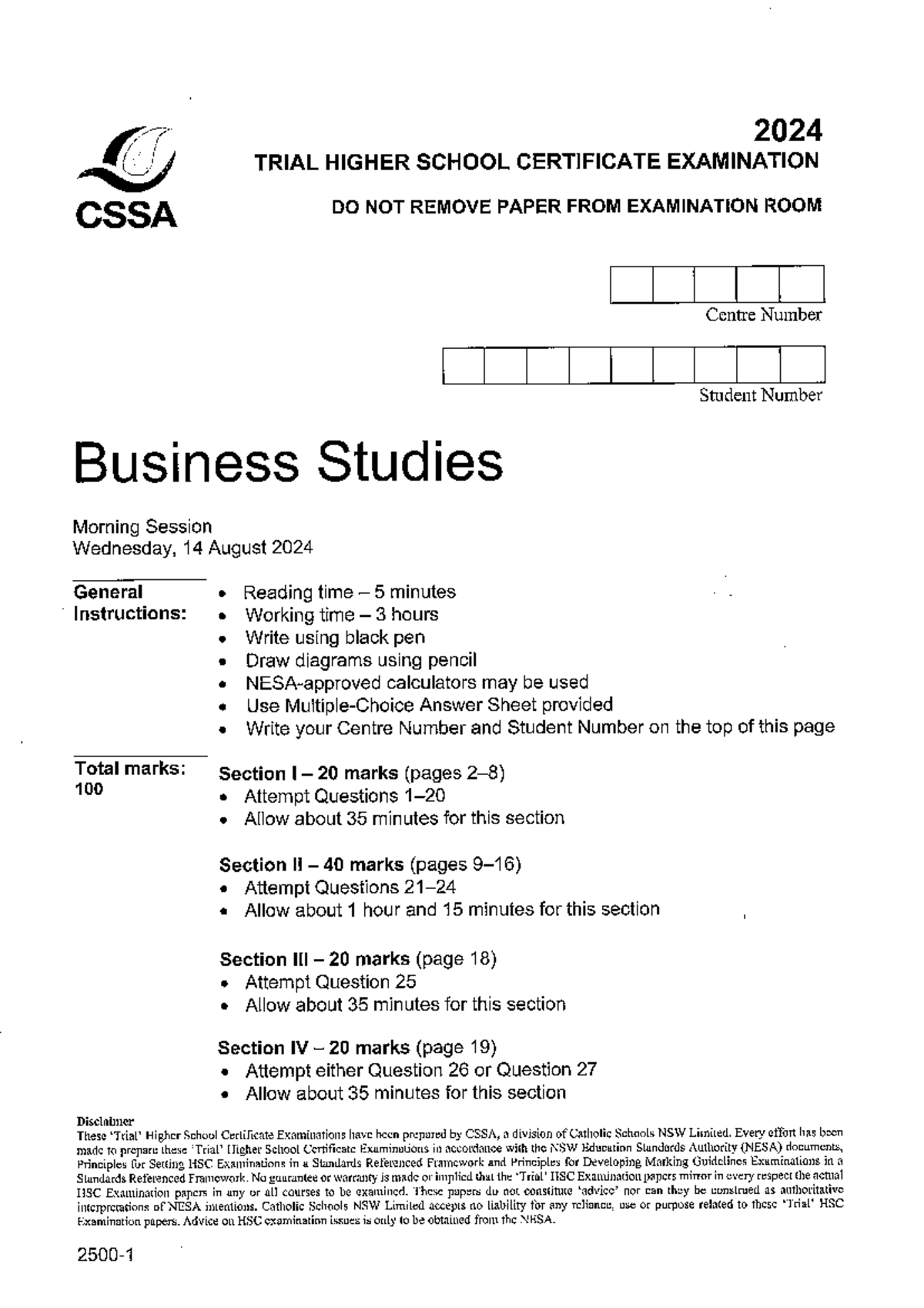 2024 CSSA Business Studies Trial Exam Paper - HSC Preparation - Studocu