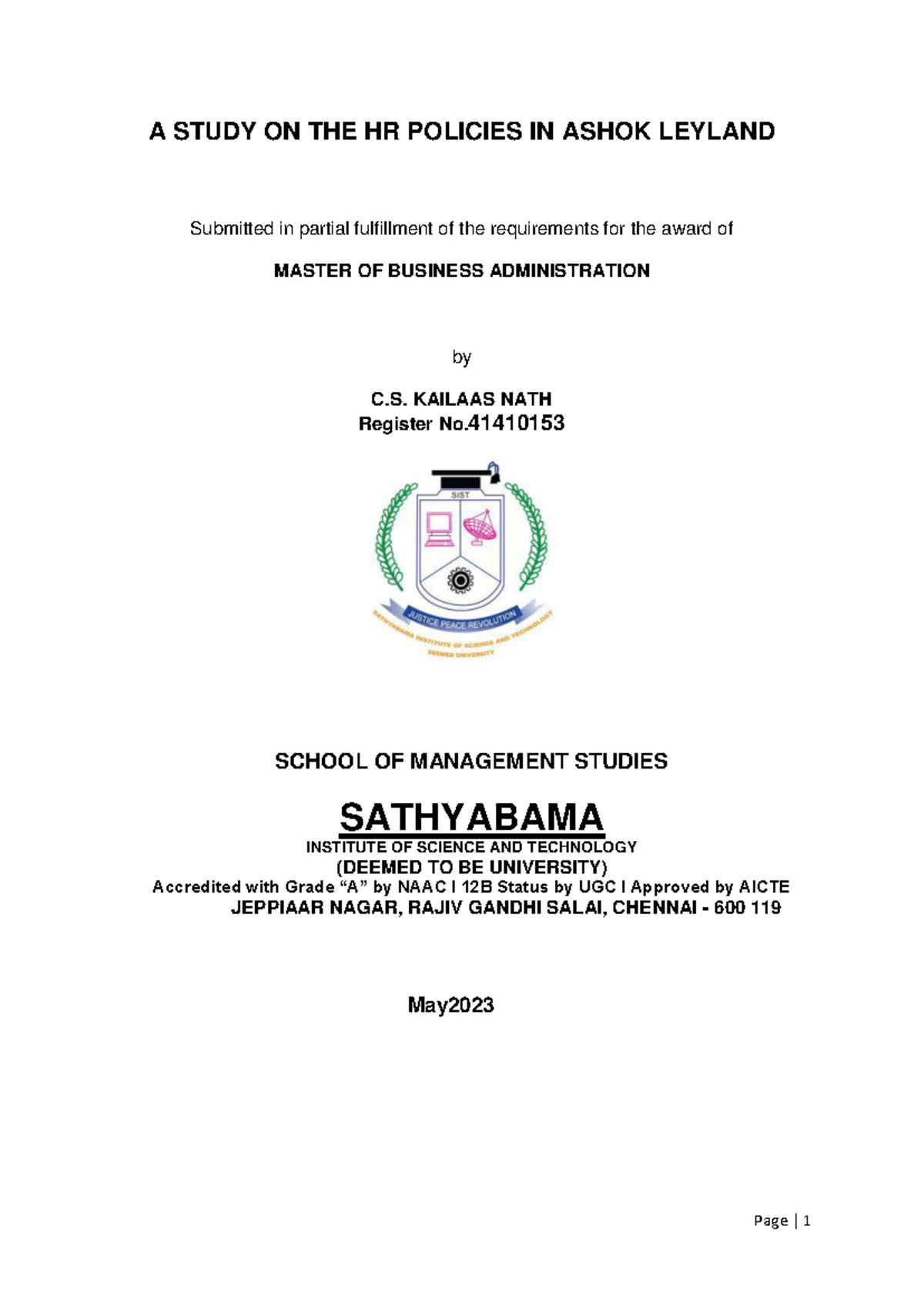 HR Policies Analysis in Ashok Leyland: MBA Project Report - Studocu