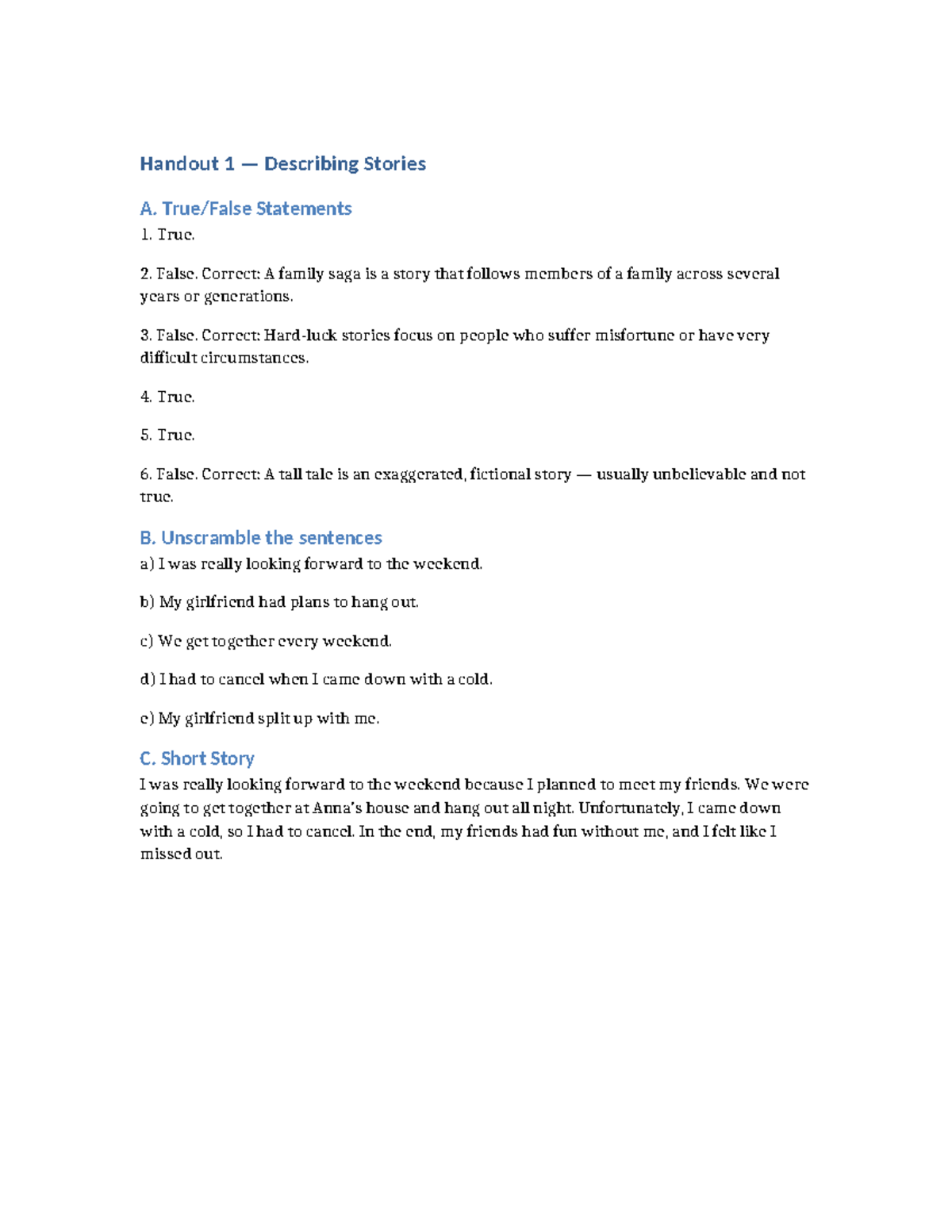 Handout 1 - Describing Stories and Short Story Analysis - Studocu