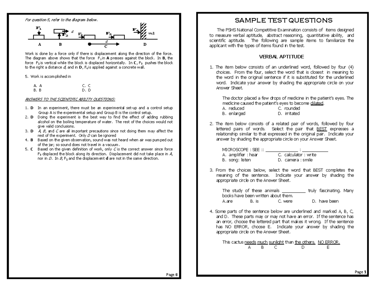 PSHS National Competitive Exam Sample Test Questions - Studocu