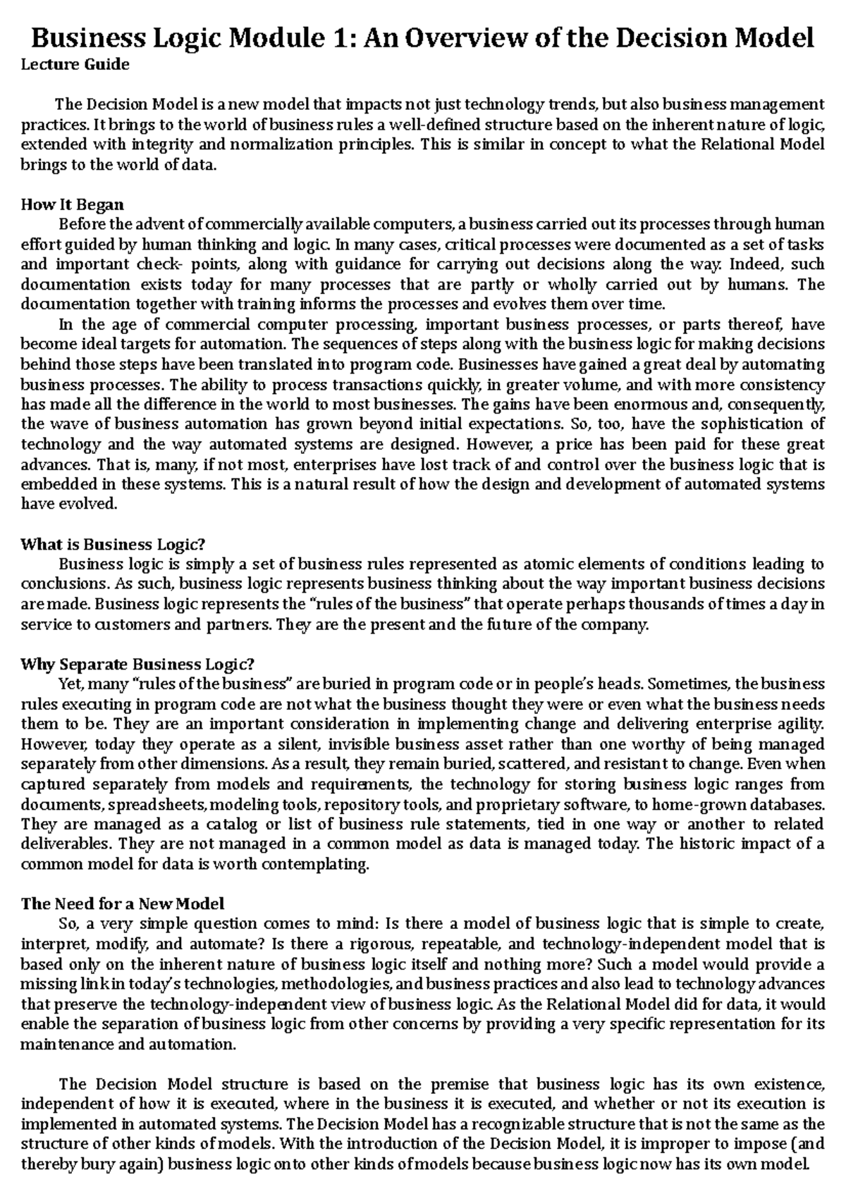 Bus Logic 1 - Business Logic Module 1: An Overview of the Decision Model Lecture Guide The ...