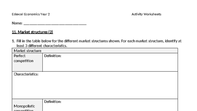 11 Market structures - Edexcel Economics Year 2 Activity Worksheets ...