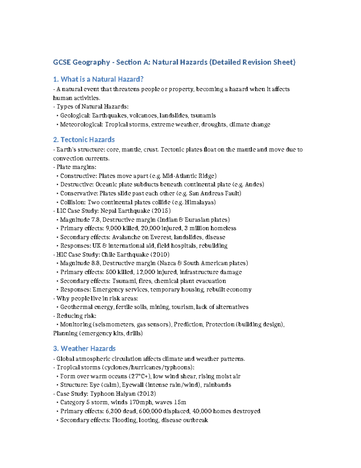 GCSE Geography Section A: Natural Hazards Revision Guide - Studocu