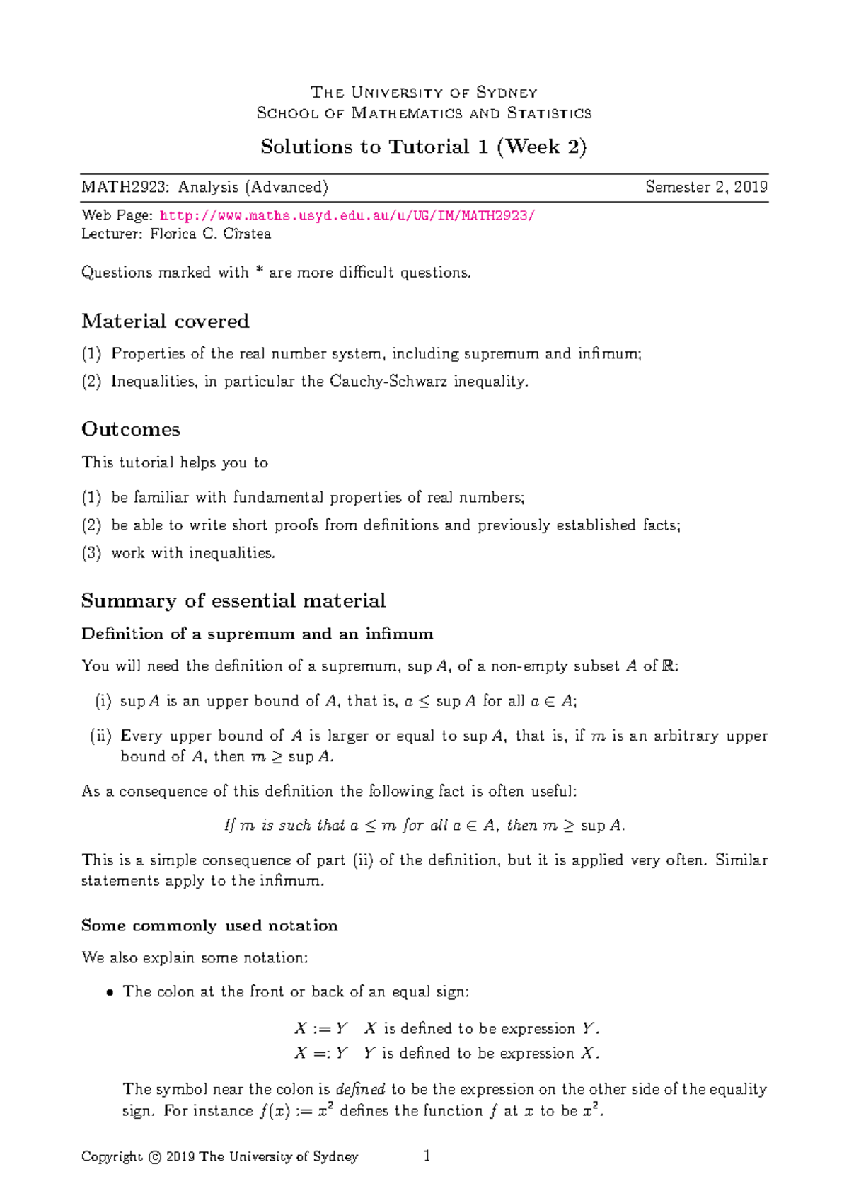 MATH2923: Solutions to Tutorials 1-3 Questions and Answers - Studocu