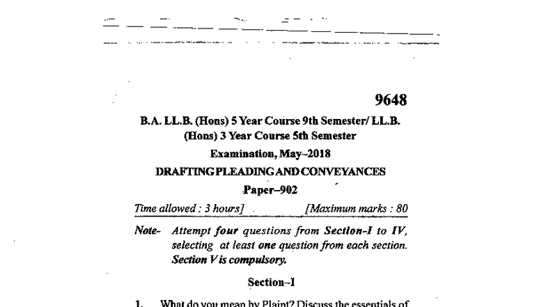 9648 B.A. LL.B. (Hons) 5 Year Course 5th Sem Exam: Drafting & Pleading ...
