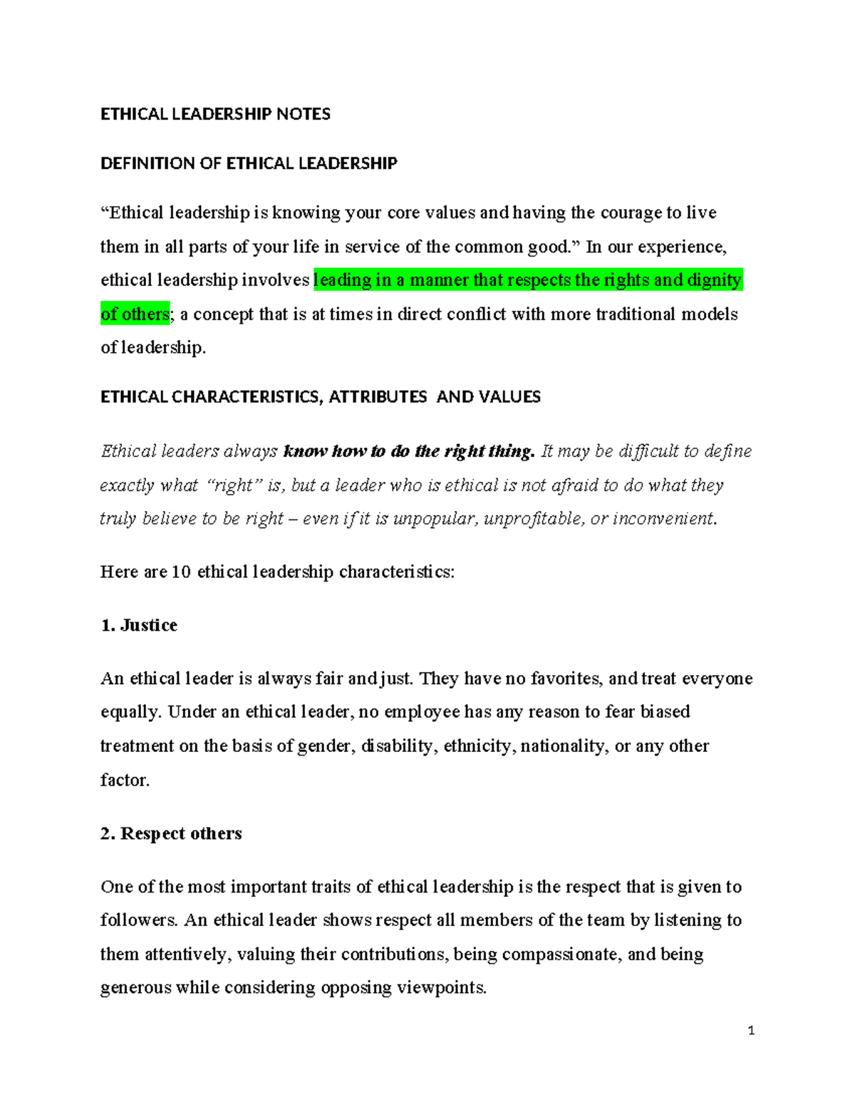 ETHICAL LEADERSHIP NOTES: DEFINING CORE VALUES AND CHARACTERISTICS ...