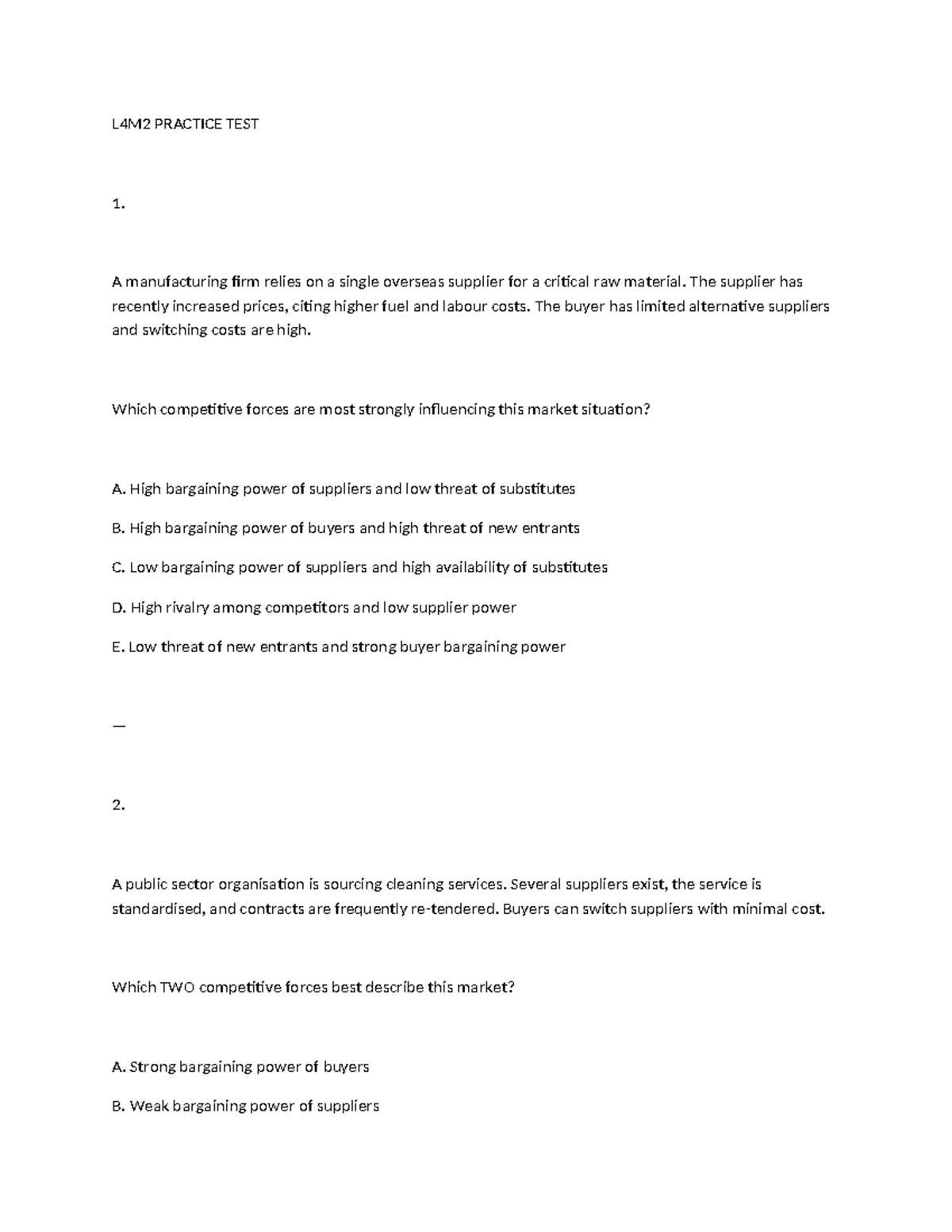 L4M2 Practice Test: Competitive Forces and Cost Analysis - Studocu