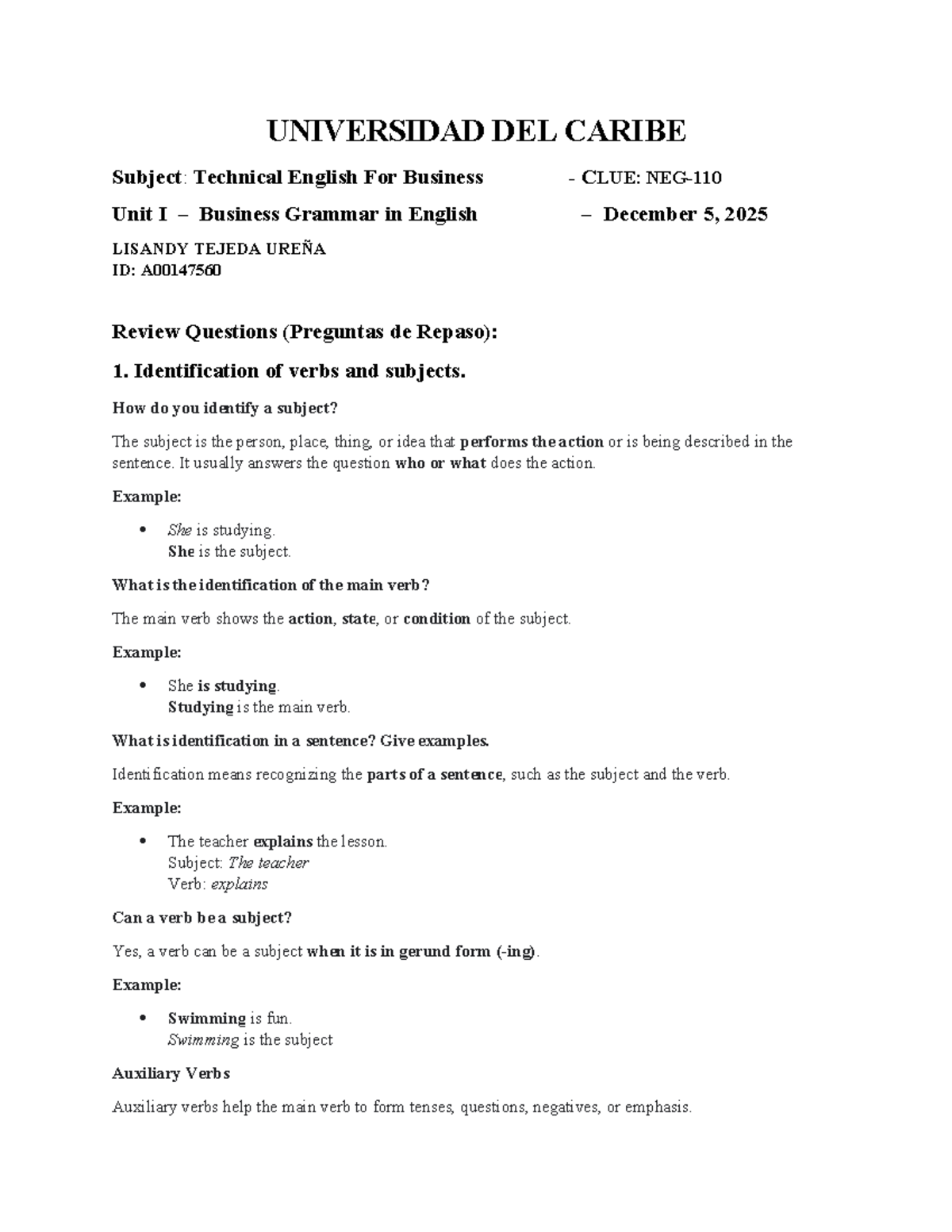 LTU Repaso I - Unit I: Business Grammar Review Questions - Studocu