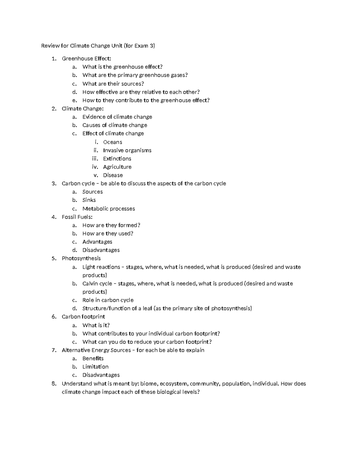 Review Notes for Climate Change Unit (Exam 3 Preparation) - Review for ...