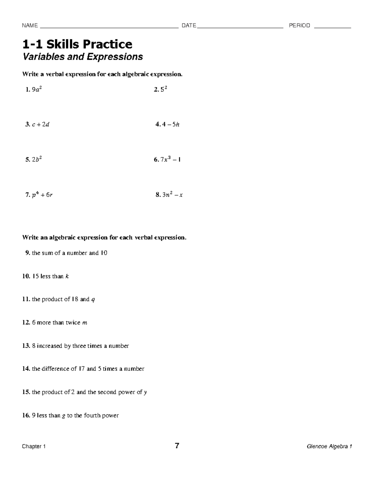 Algebra 1 1-1 Skills Practice: Variables & Expressions - Studocu