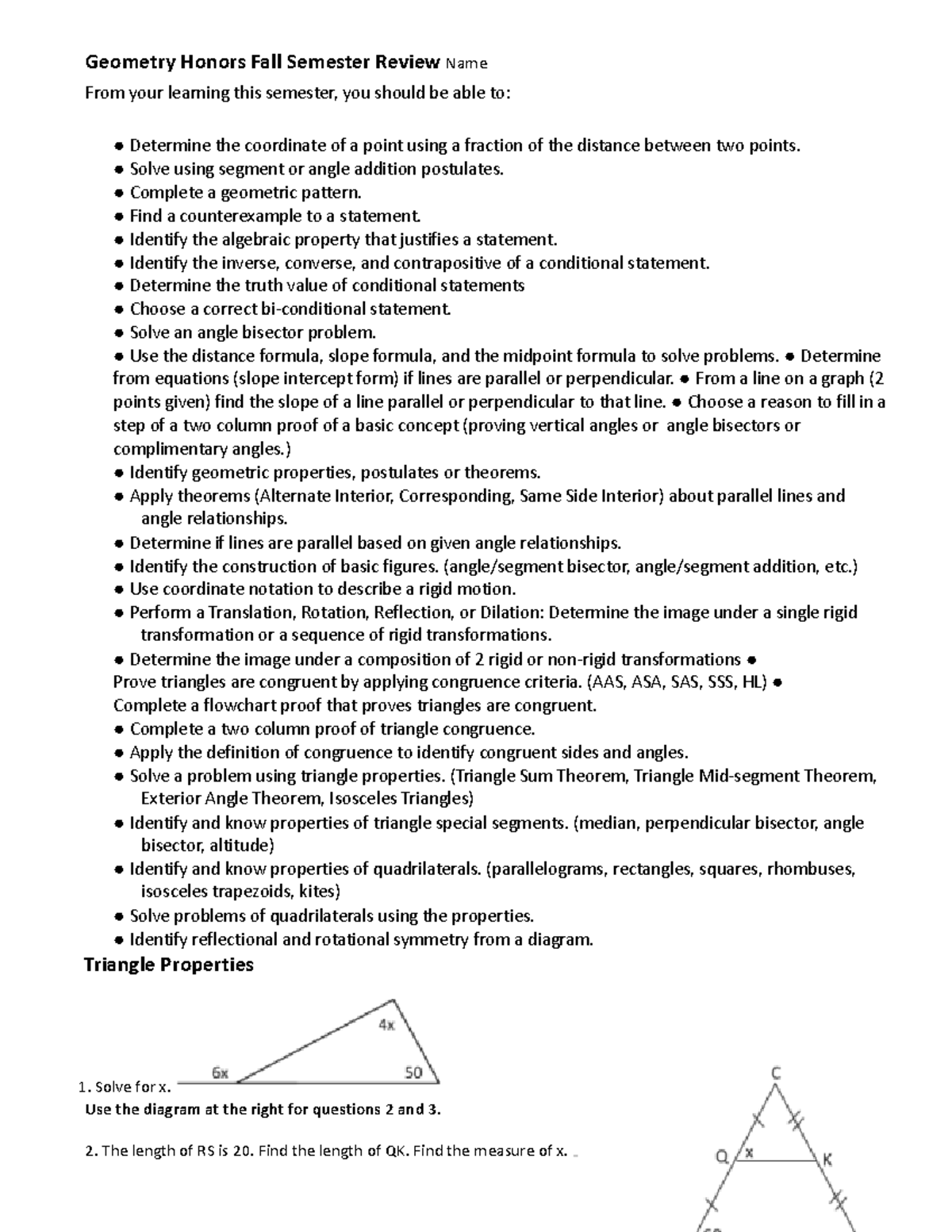 Geometry Honors Fall Semester Review Guide: Key Concepts & Practice ...