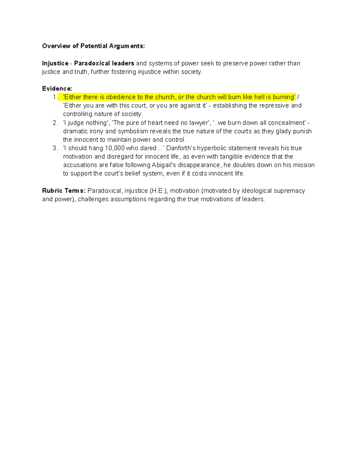 Overview of Potential Crucible Arguments - Overview of Potential ...
